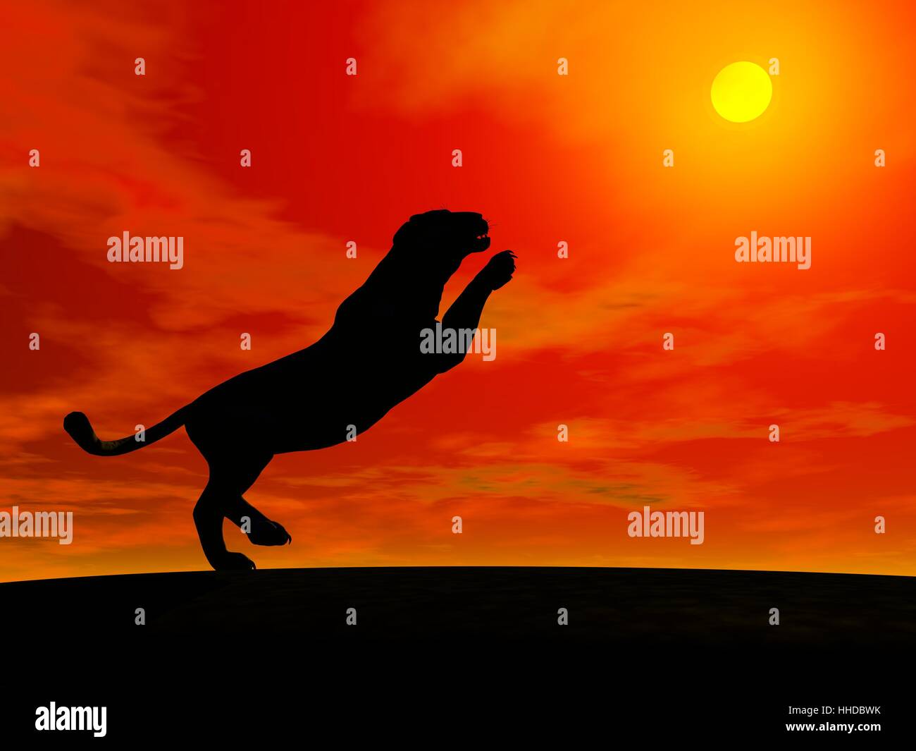 Shadow of one panther jumping to the sun in red background Stock Photo ...