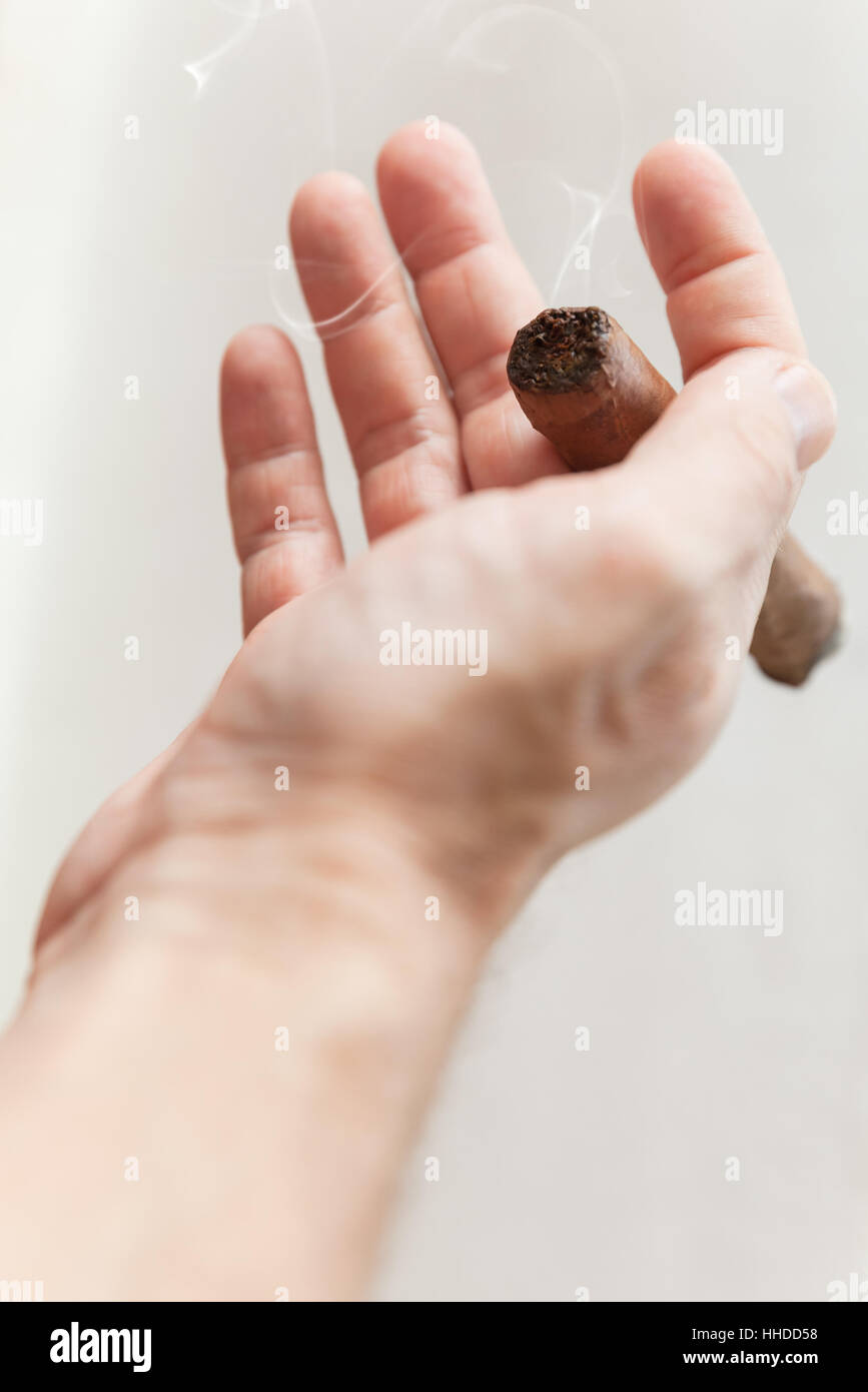 Handmade cigar in male hand, close up photo with selective focus over ...