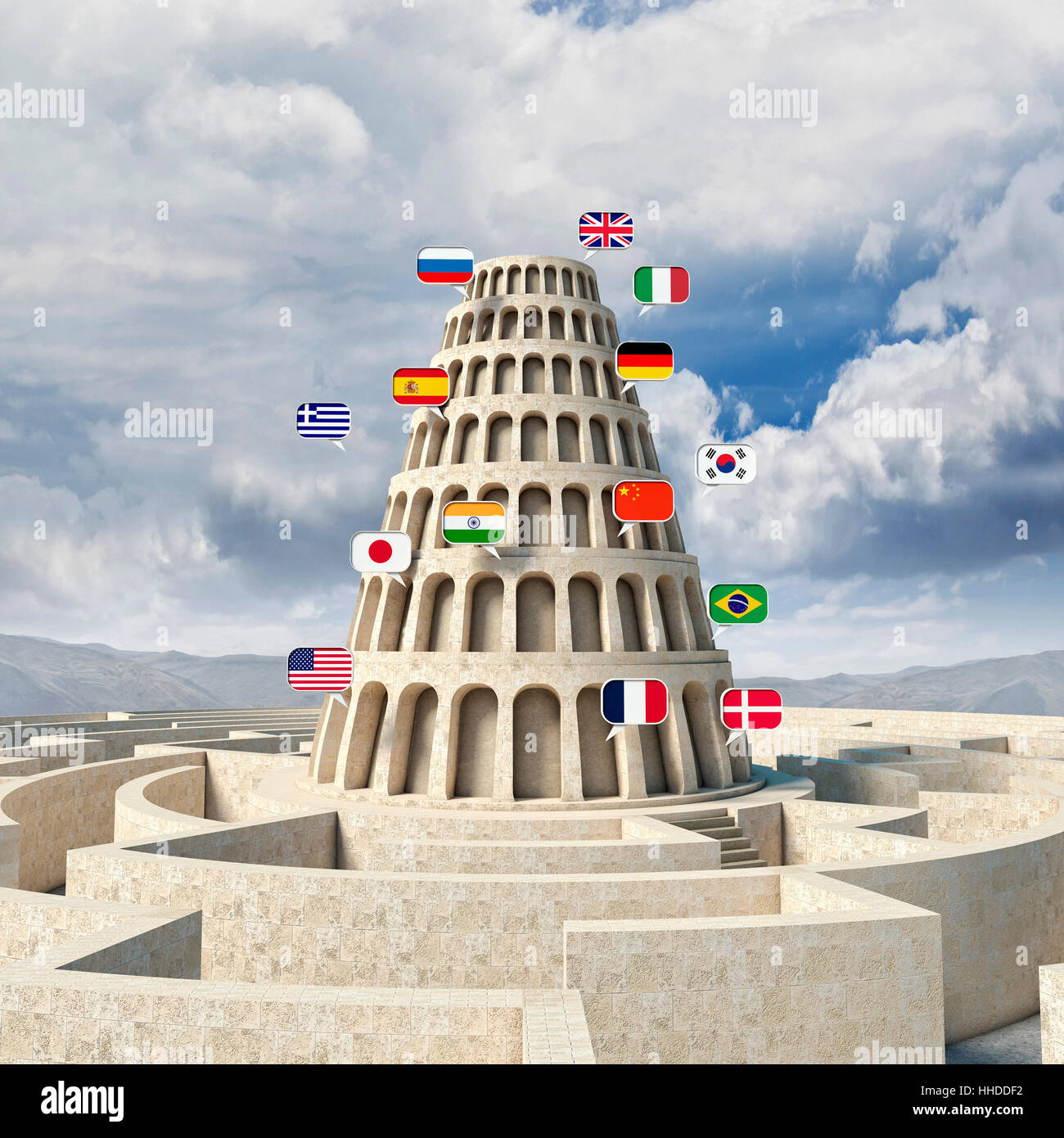 babel tower concept 3d rendering Stock Photo - Alamy