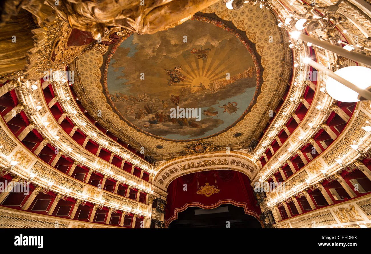 Interiors and details of Teatro di San Carlo, Naples opera house, Italy ...