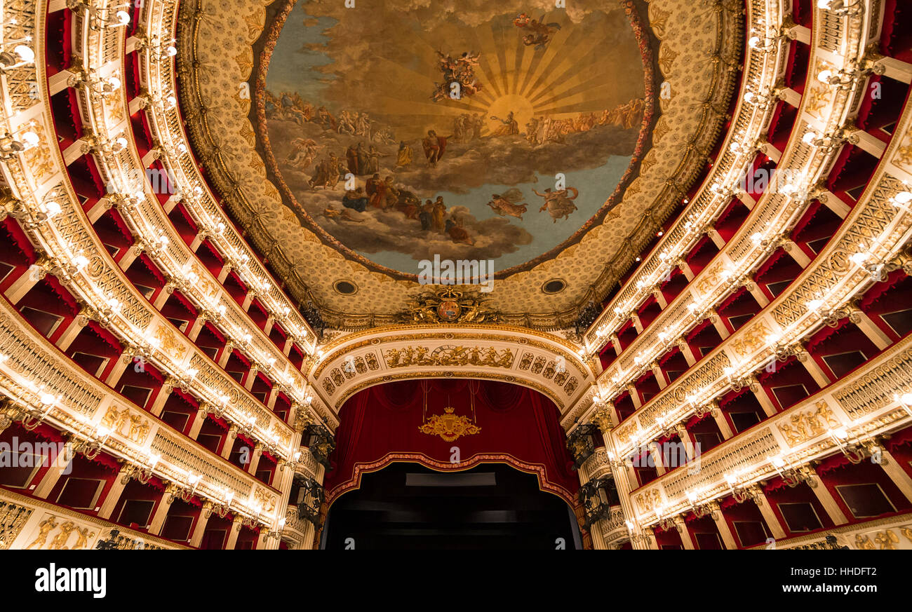 Interiors and details of Teatro di San Carlo, Naples opera house, Italy ...