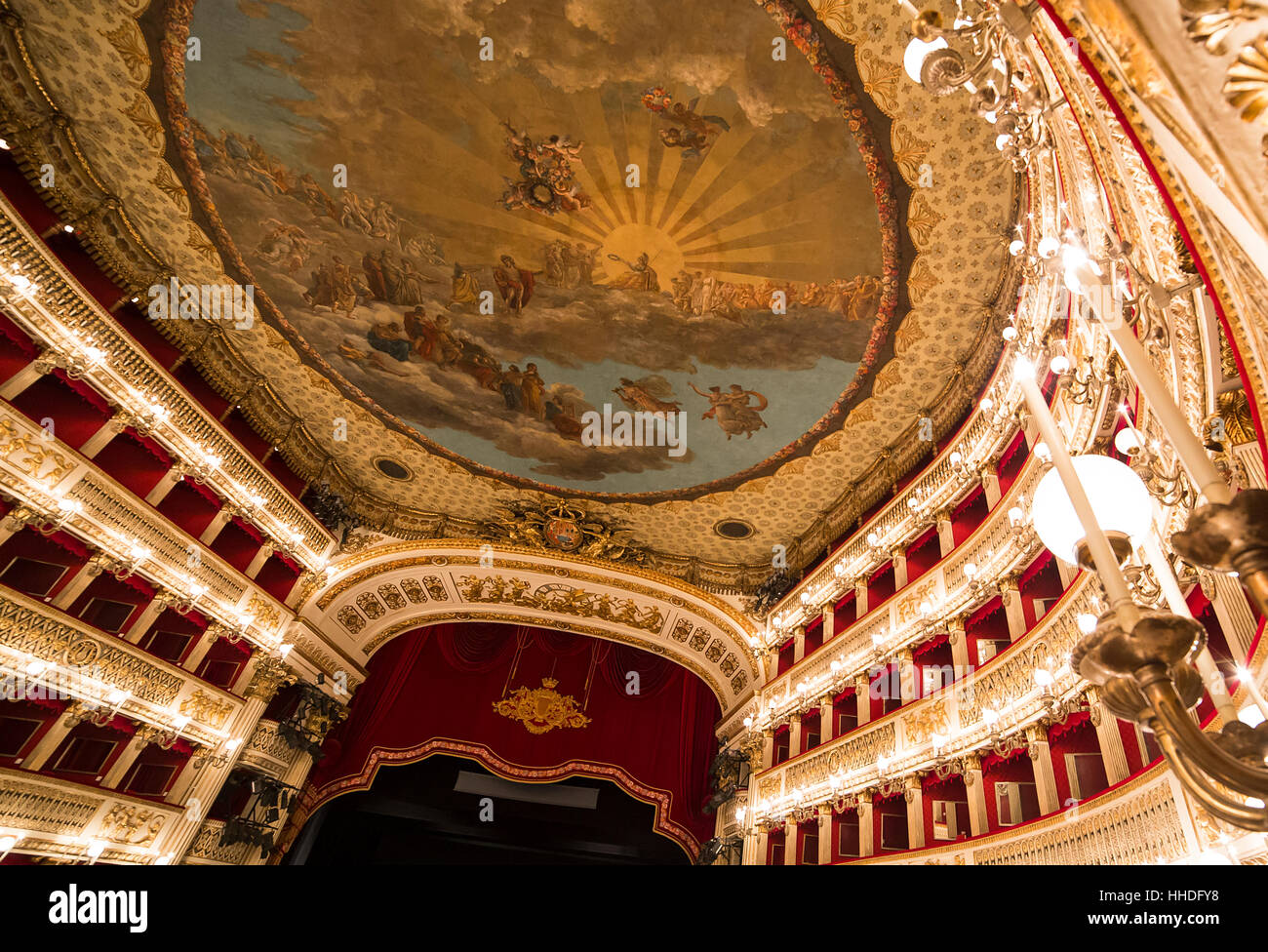Interiors and details of Teatro di San Carlo, Naples opera house, Italy ...