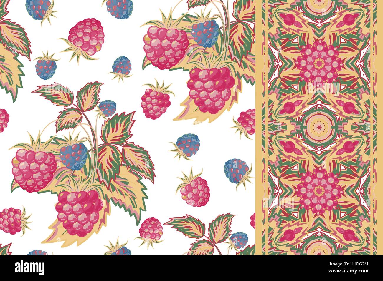 Set of raspberry seamless pattern and border (band). Pastel summer ...