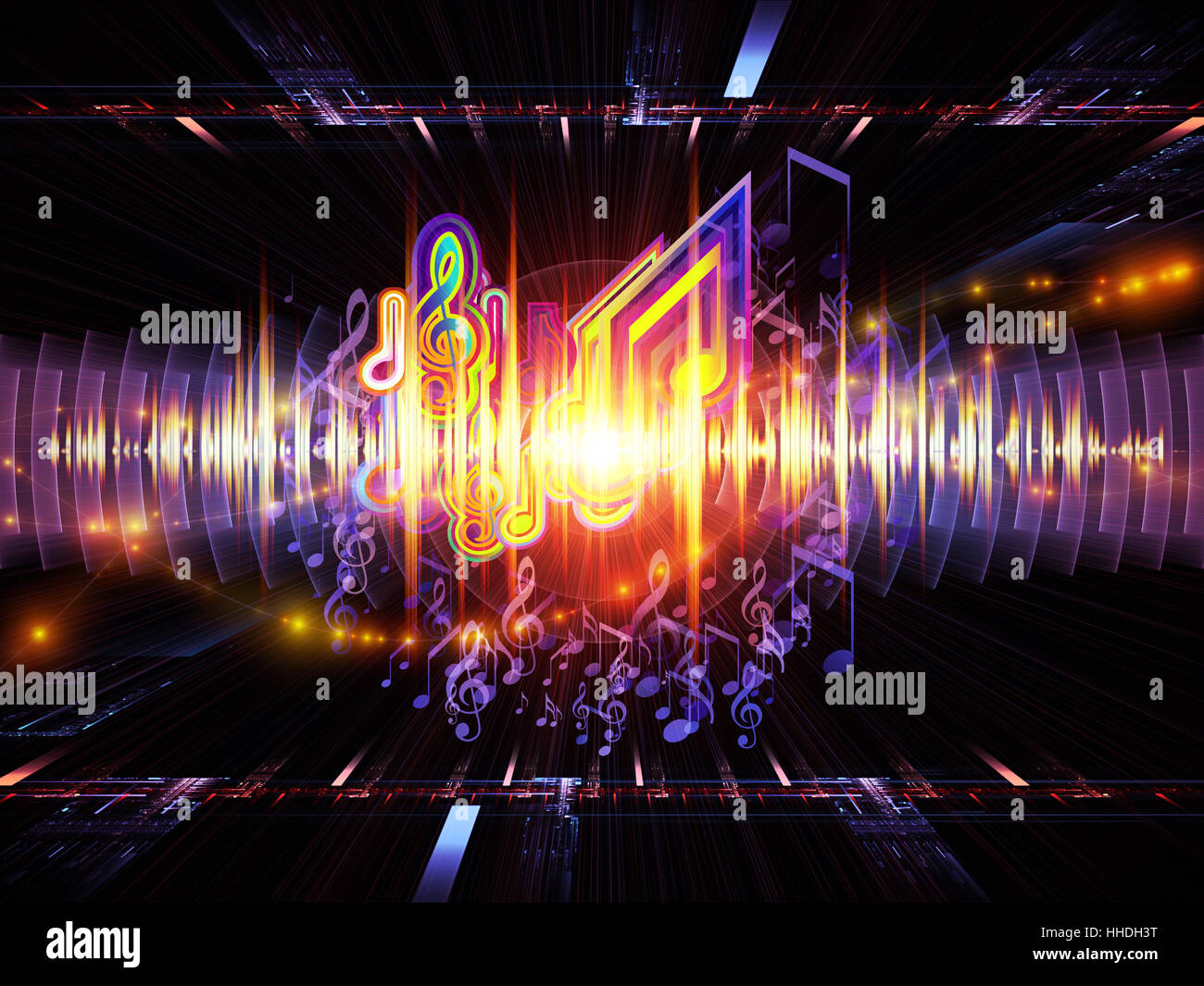 Background design of musical notes, perspective fractal grids, lights ...