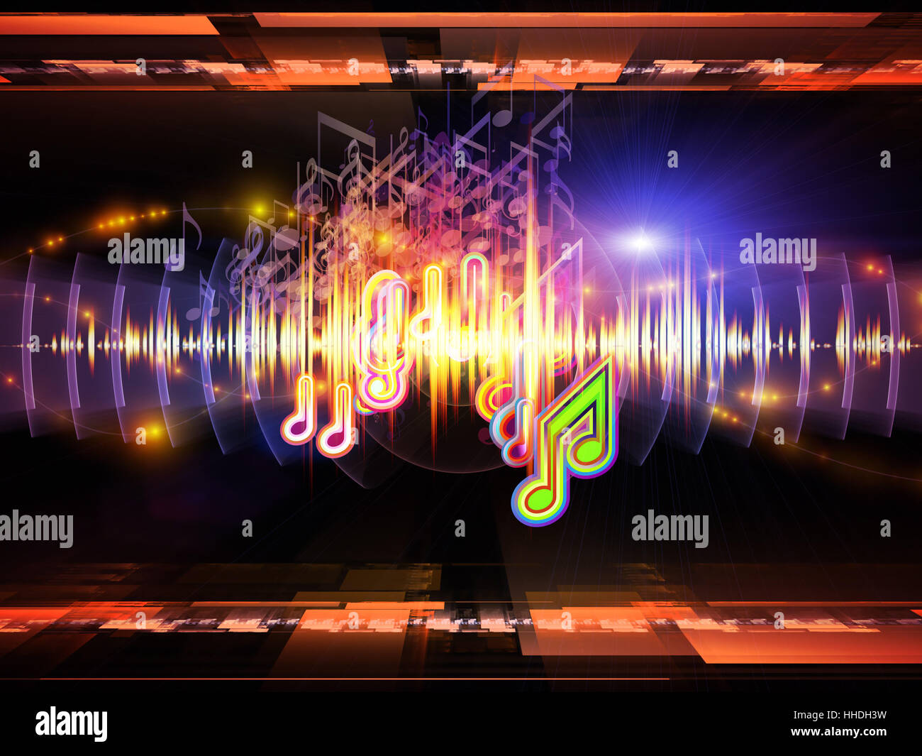 Arrangement of musical notes, perspective fractal grids, lights, wave ...