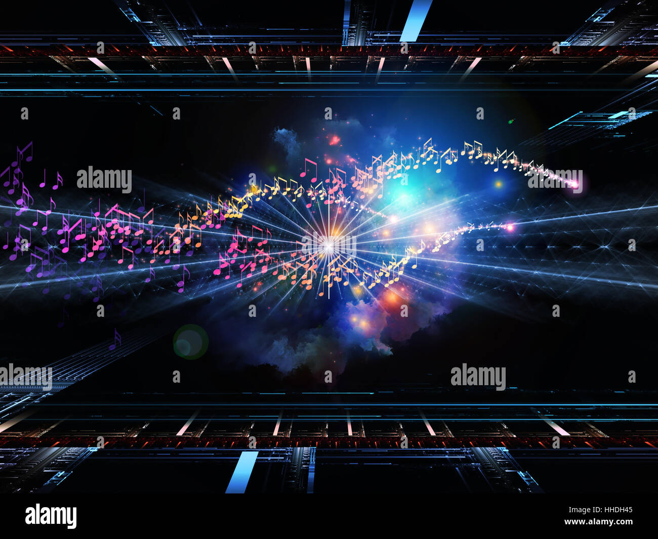 Abstract composition of fractal grids, lights and musical notes ...