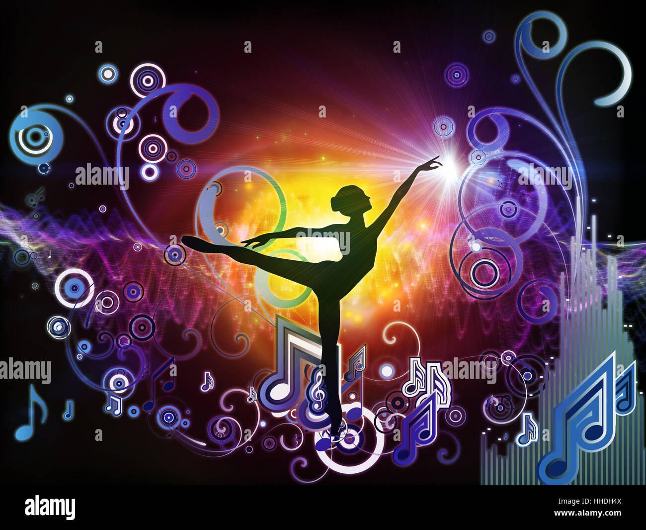 Composition of girl silhouette, notes, lights and abstract design ...