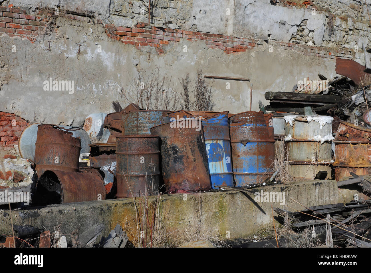 Group of old, rusty barrels with toxic chemical waste. Photo was taken ...