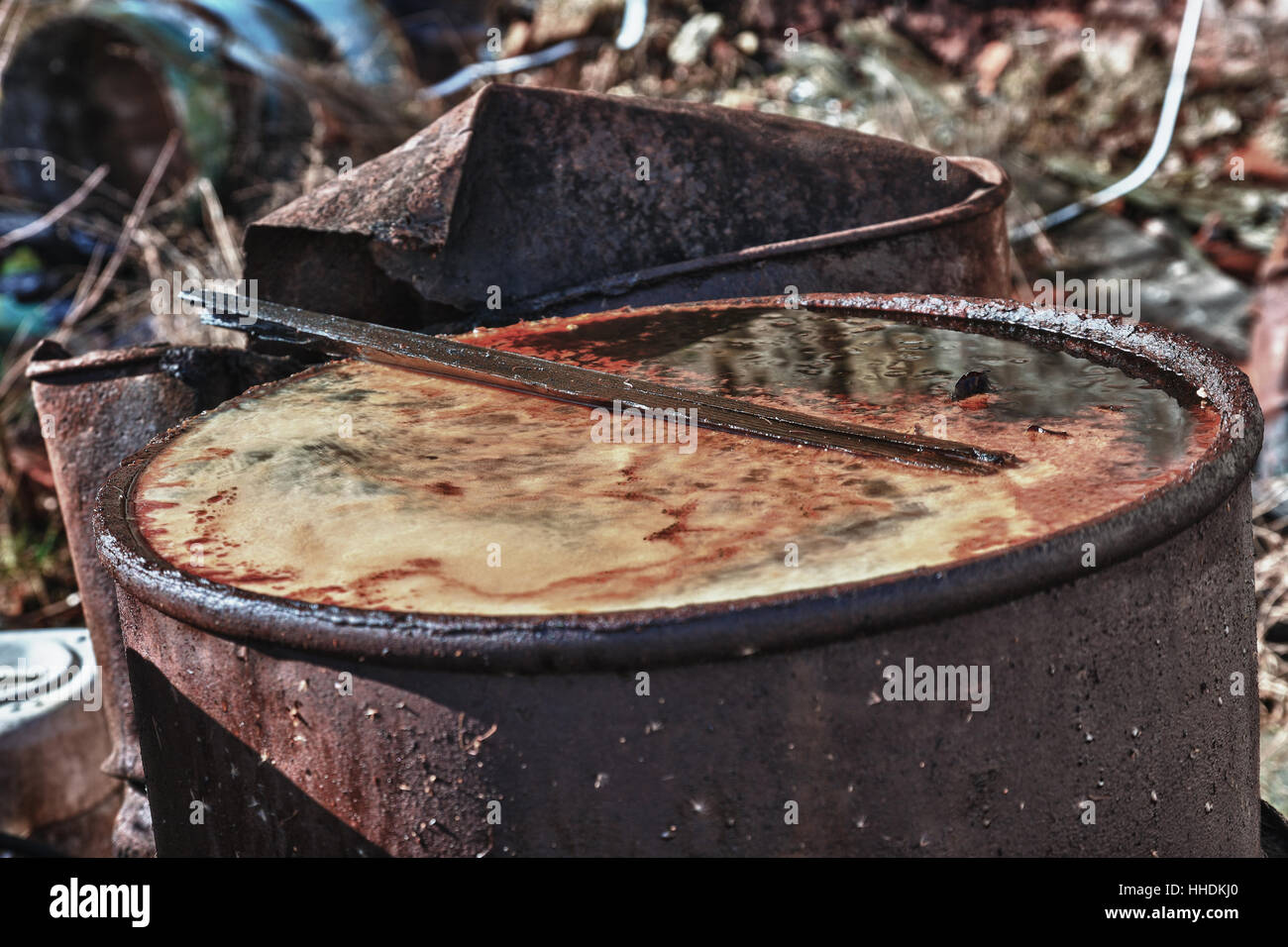 Old, rusty barrel with toxic chemical waste. Photo was taken on place ...