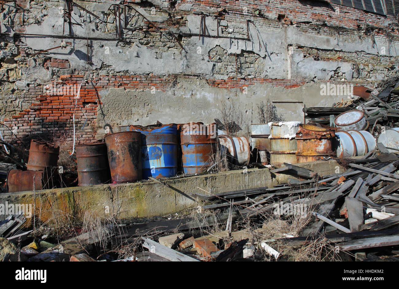 Group of old, rusty barrels with toxic chemical waste. Photo was taken ...