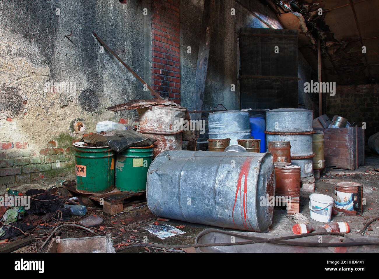 Group of old, rusty barrels with toxic chemical waste. Photo was taken ...
