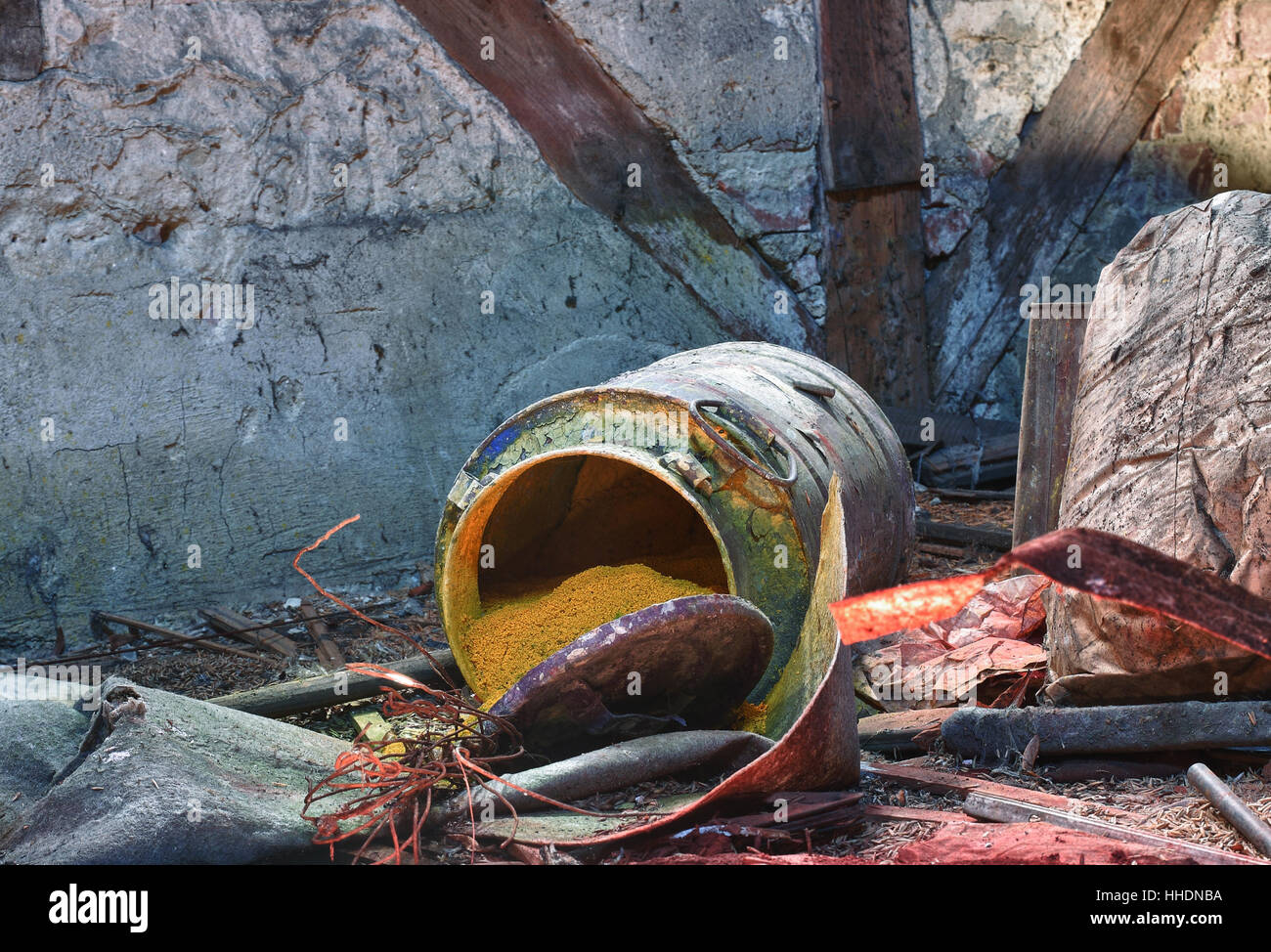 Old, rusty barrel with toxic chemical waste. Photo was taken on place ...