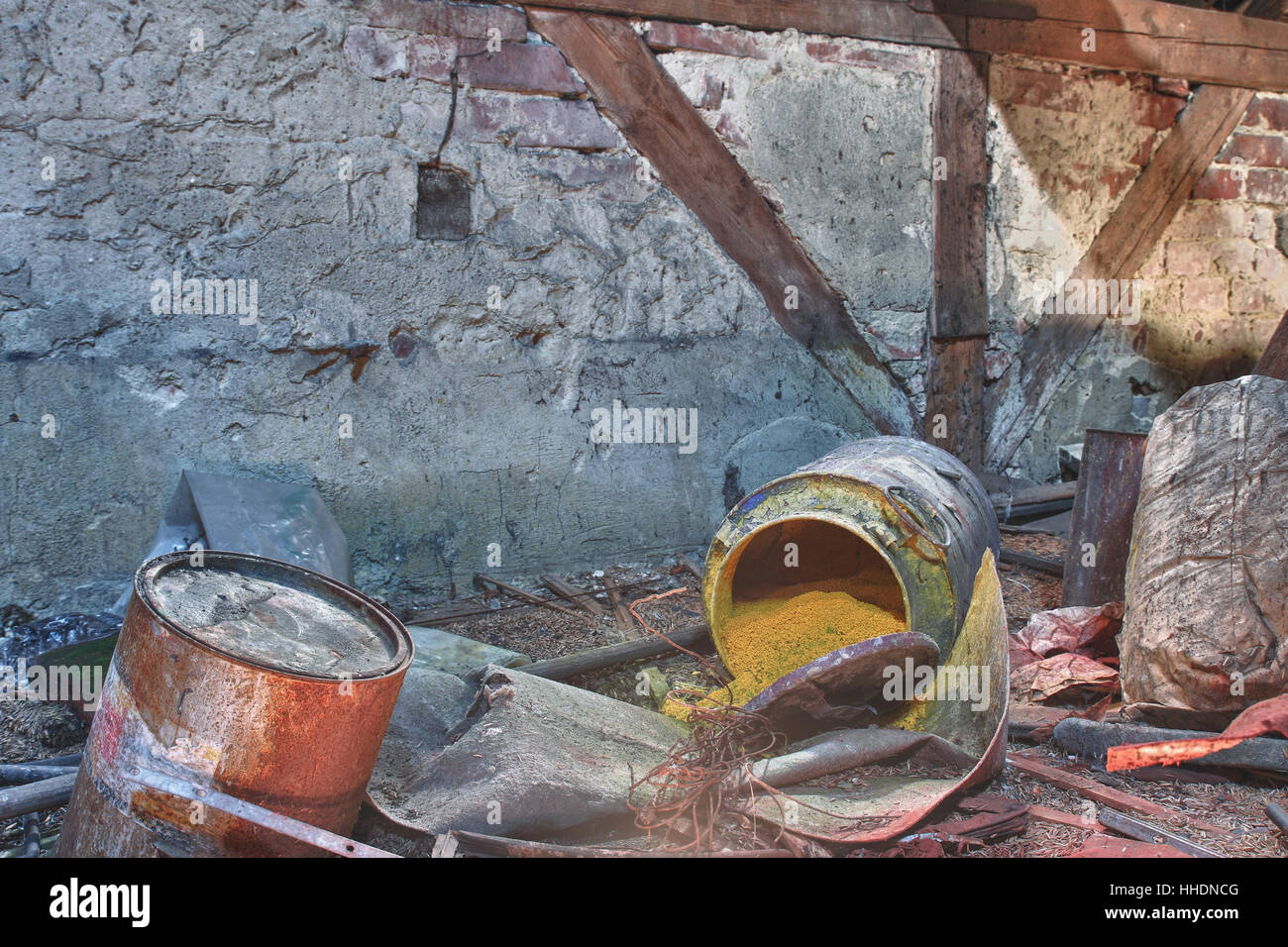 Old, rusty barrel with toxic chemical waste. Photo was taken on place ...