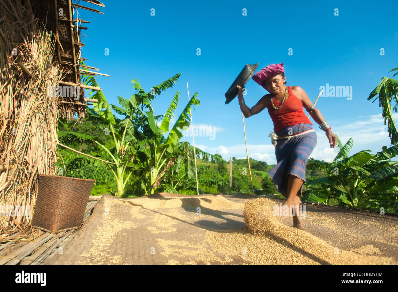 A woman throws rice up into the air with her feet while fanning air ...