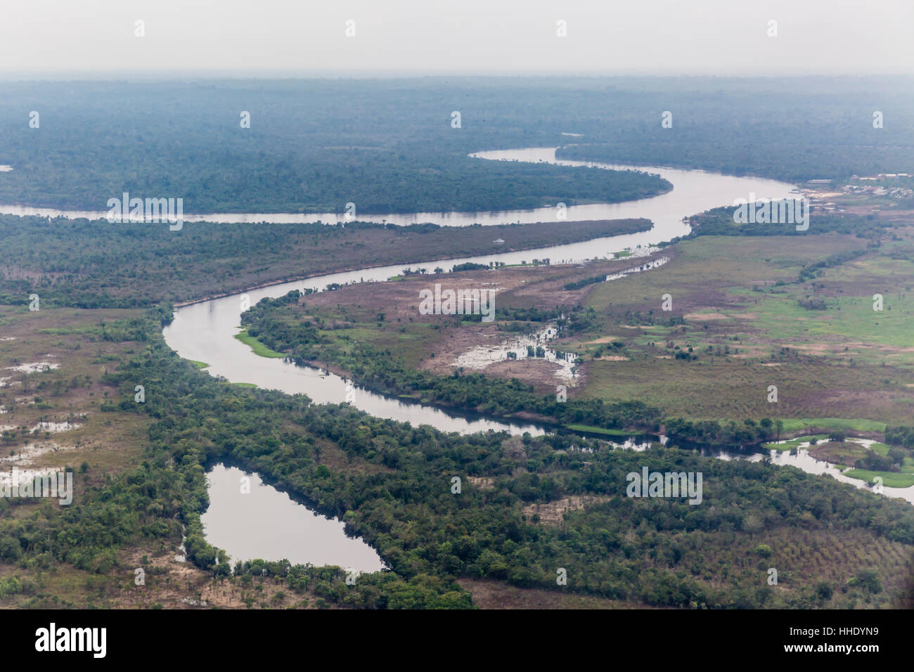 Aerial view of the Amazon River flying into Iquitos, Loreto, Peru Stock ...