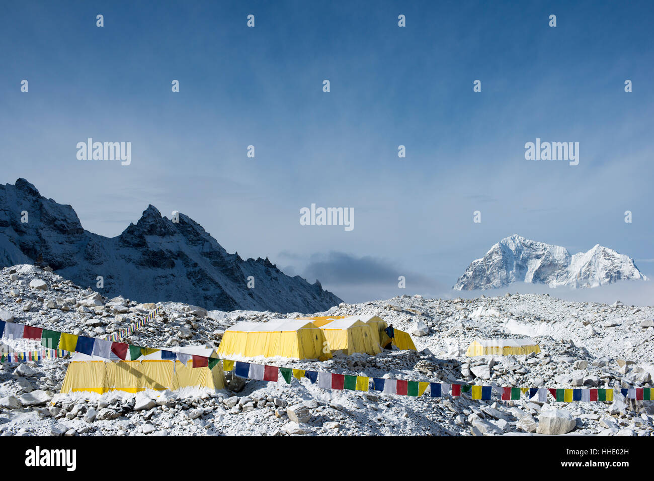 Everest Base Camp at the end of the Khumbu glacier lies at 5350m ...