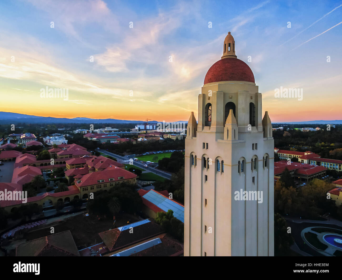 The Hoover Tower and view above Stanford at sunset in Palo Alto in ...