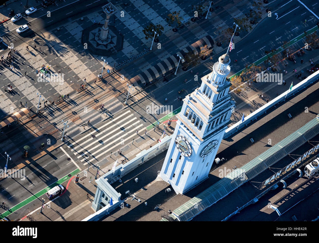 Aerial view of the Ferry Building in San Francisco, the clock tower and ...