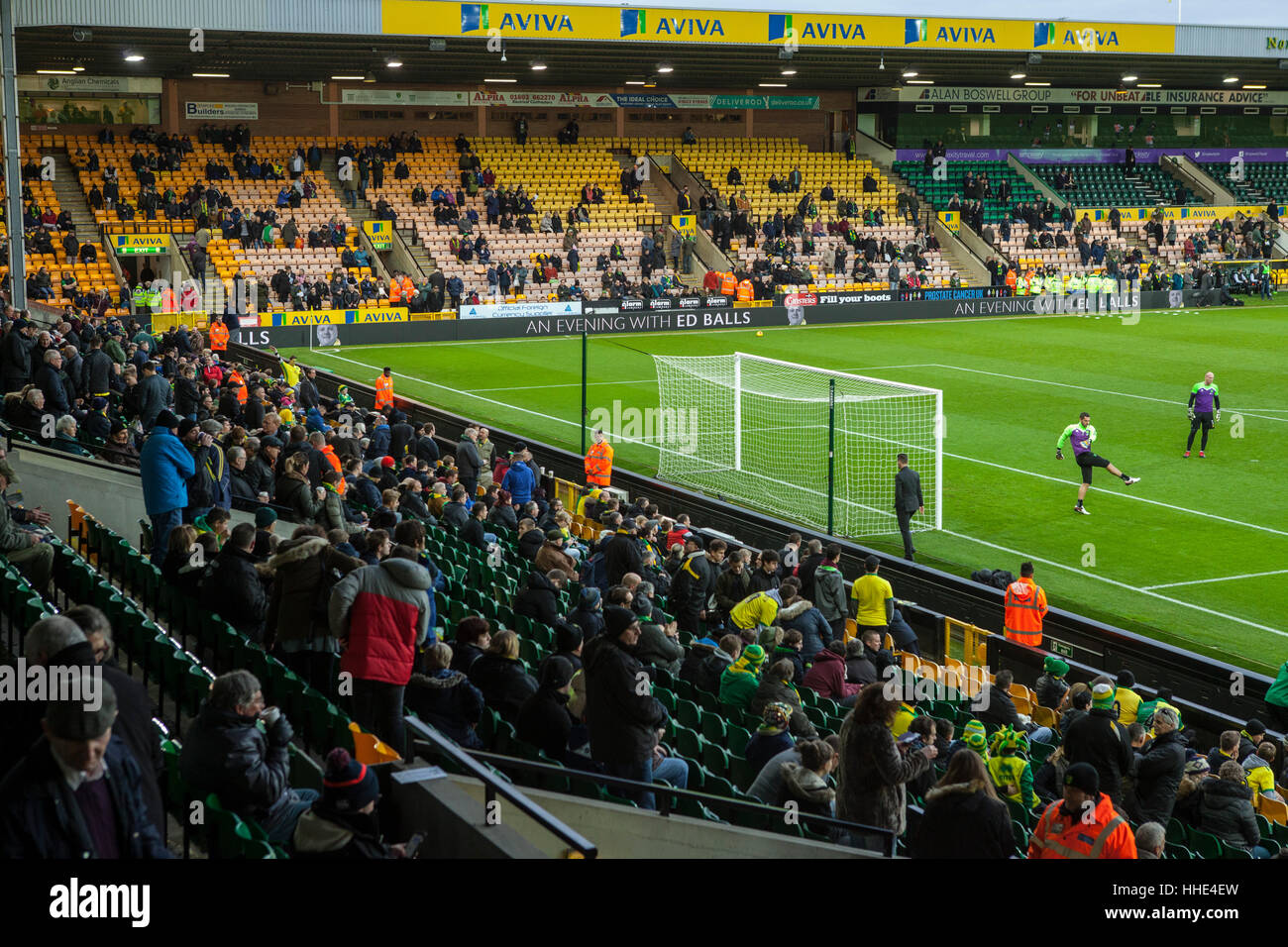 Norwich FC vs Brentford FC football match at Carrow Road Stadium. Fans ...
