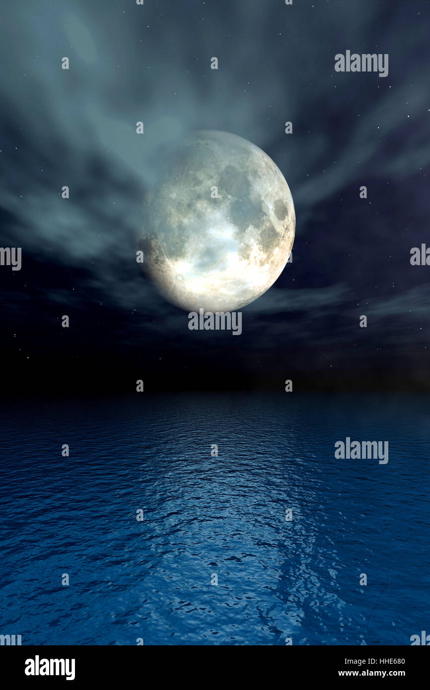 blue, horizon, night, nighttime, romantic, waves, moon, mood, wave ...
