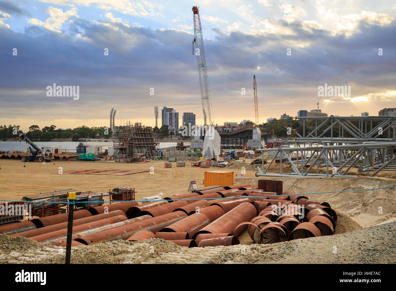 Construction work on Matagarup Bridge beside Optus Stadium in Burswood ...