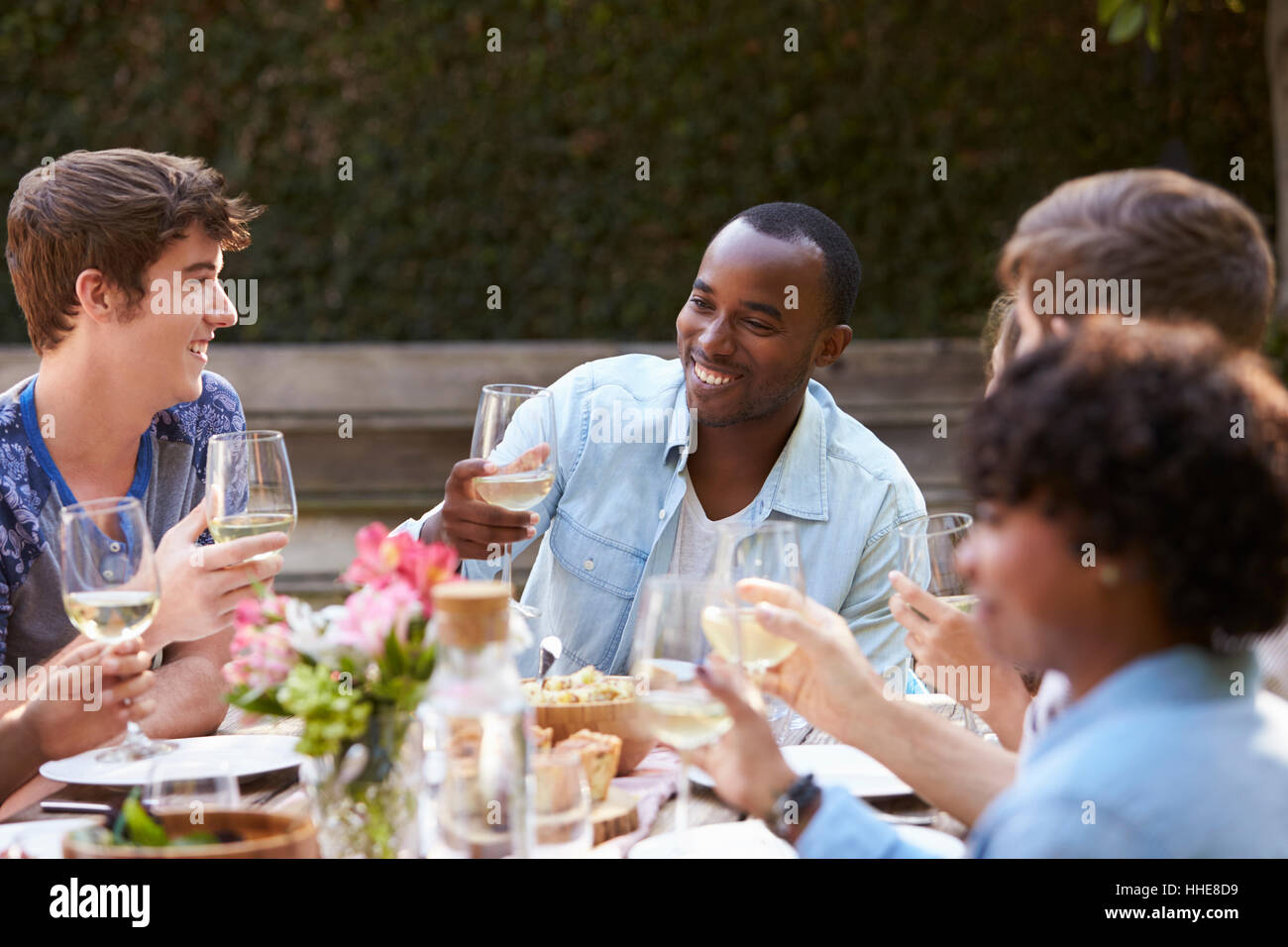 Friends Making A Toast At Outdoor Backyard Party Stock Photo - Alamy