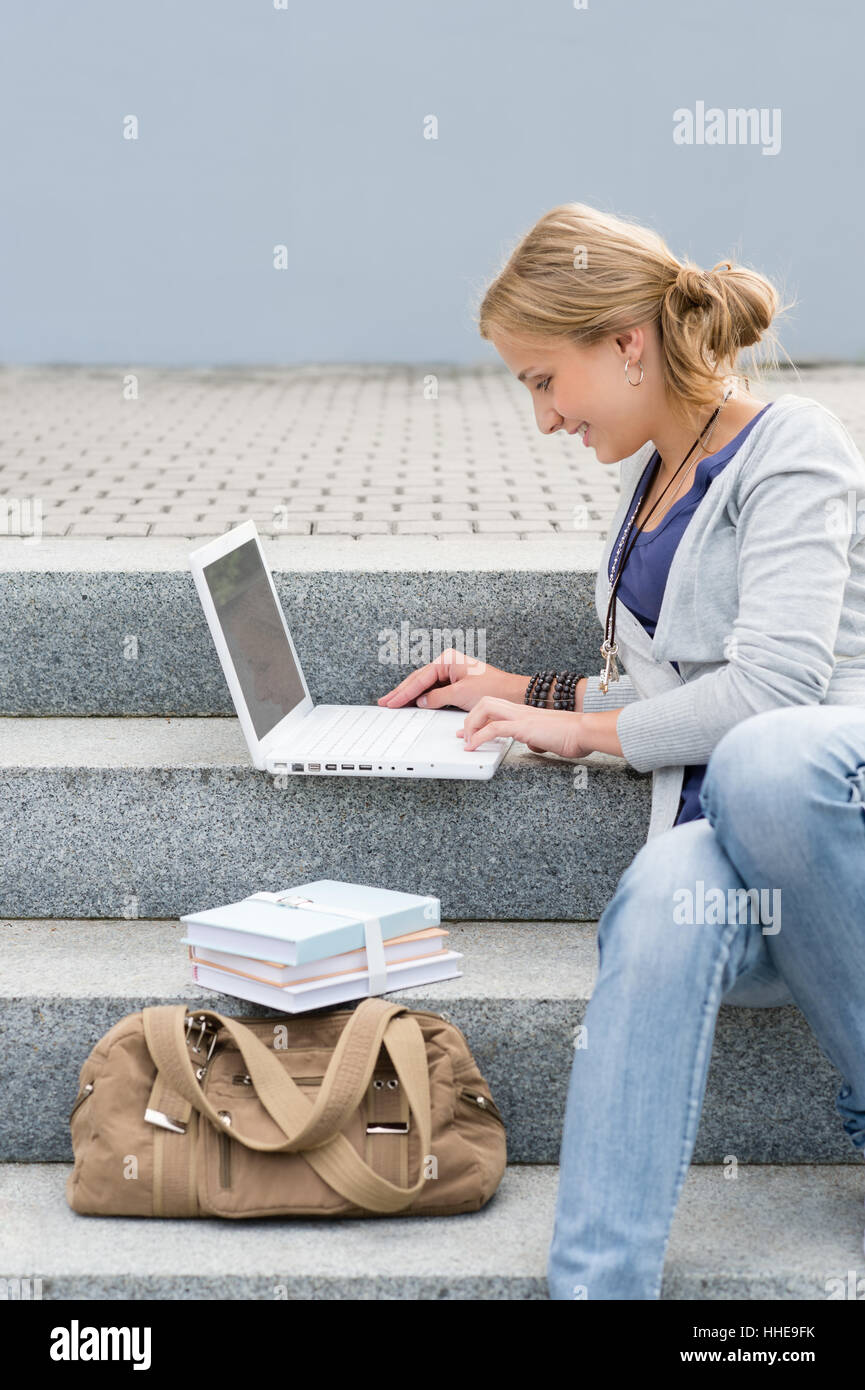 woman, stairs, laptop, notebook, computers, computer, laugh, laughs ...