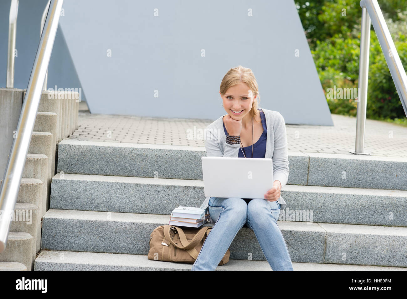 woman, stairs, laptop, notebook, computers, computer, laugh, laughs ...