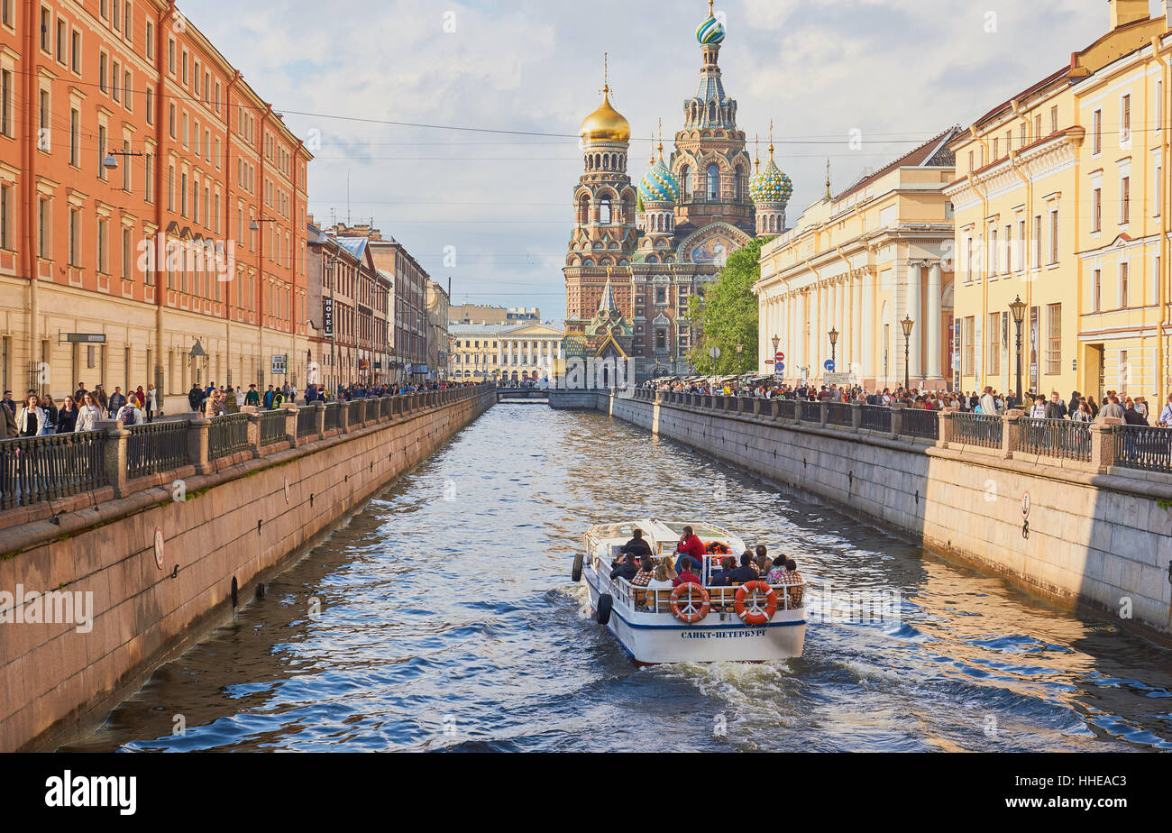 Tourist cruise boat on the Griboedov Canal (constructed in 1739) and ...