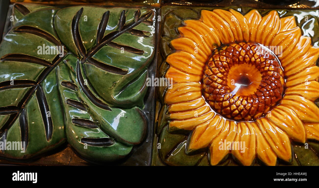Flower and leaf ceramic tile, from the Casa Vicens in Barcelona, Spain ...