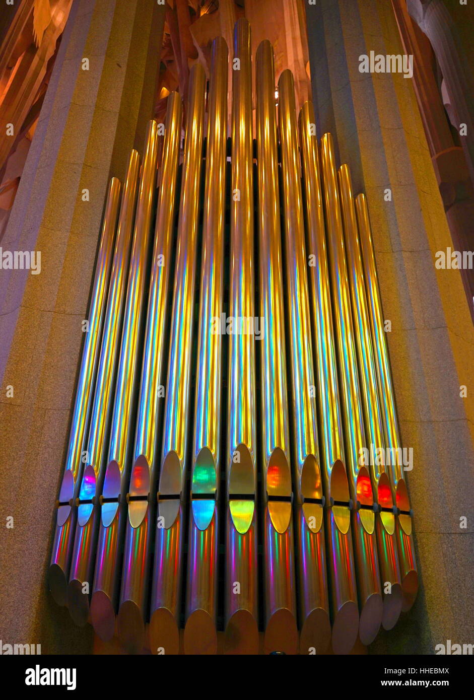 The organ, inside the Sagrada Familia, Catholic church in Barcelona. In ...