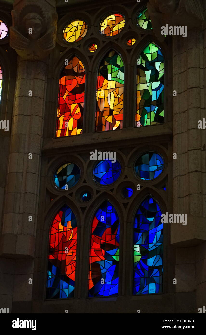 Stained glass windows inside the Sagrada Familia, Catholic church in ...