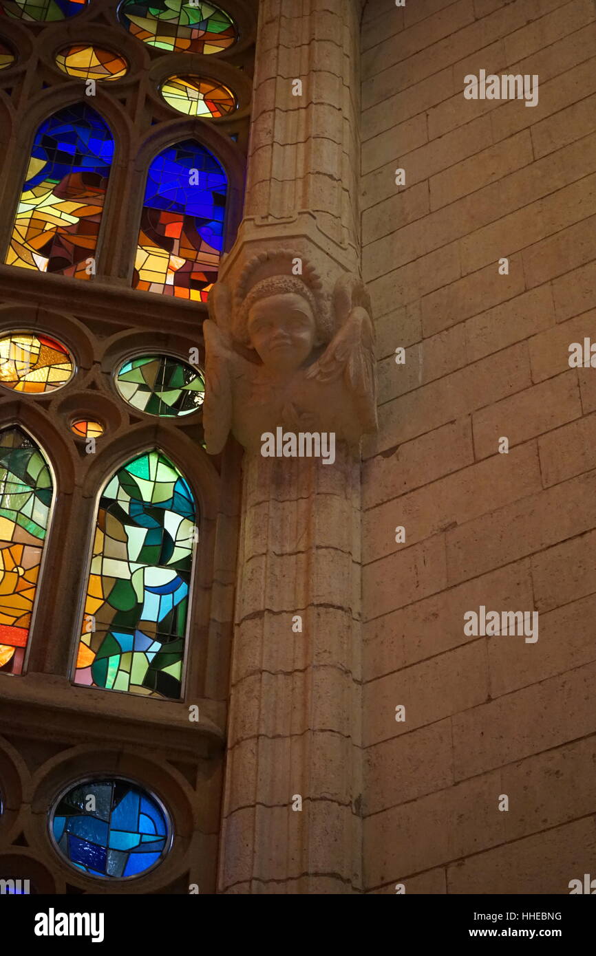 Stained glass windows inside the Sagrada Familia, Catholic church in ...
