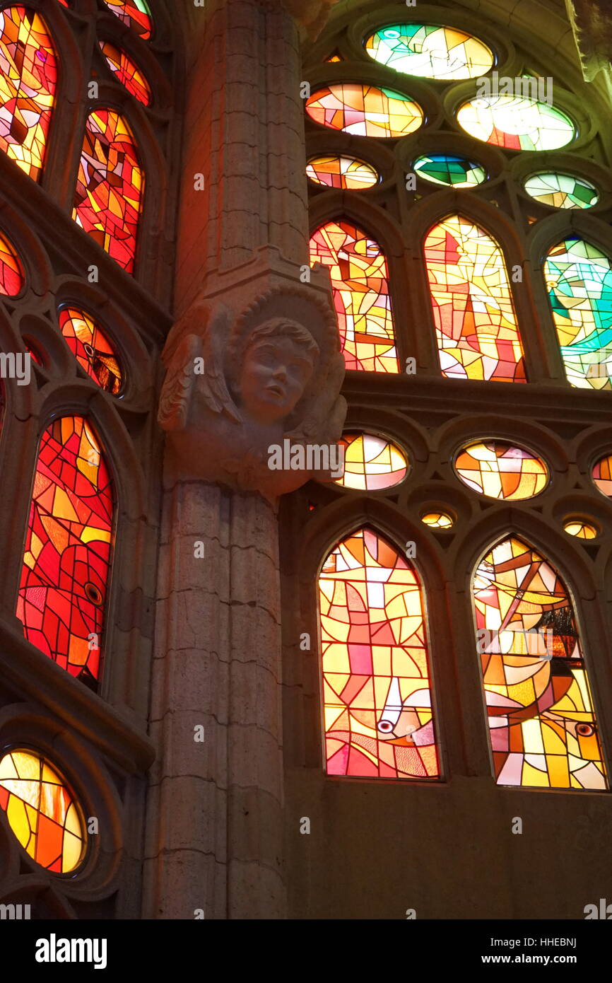 Stained glass windows inside the Sagrada Familia, Catholic church in ...