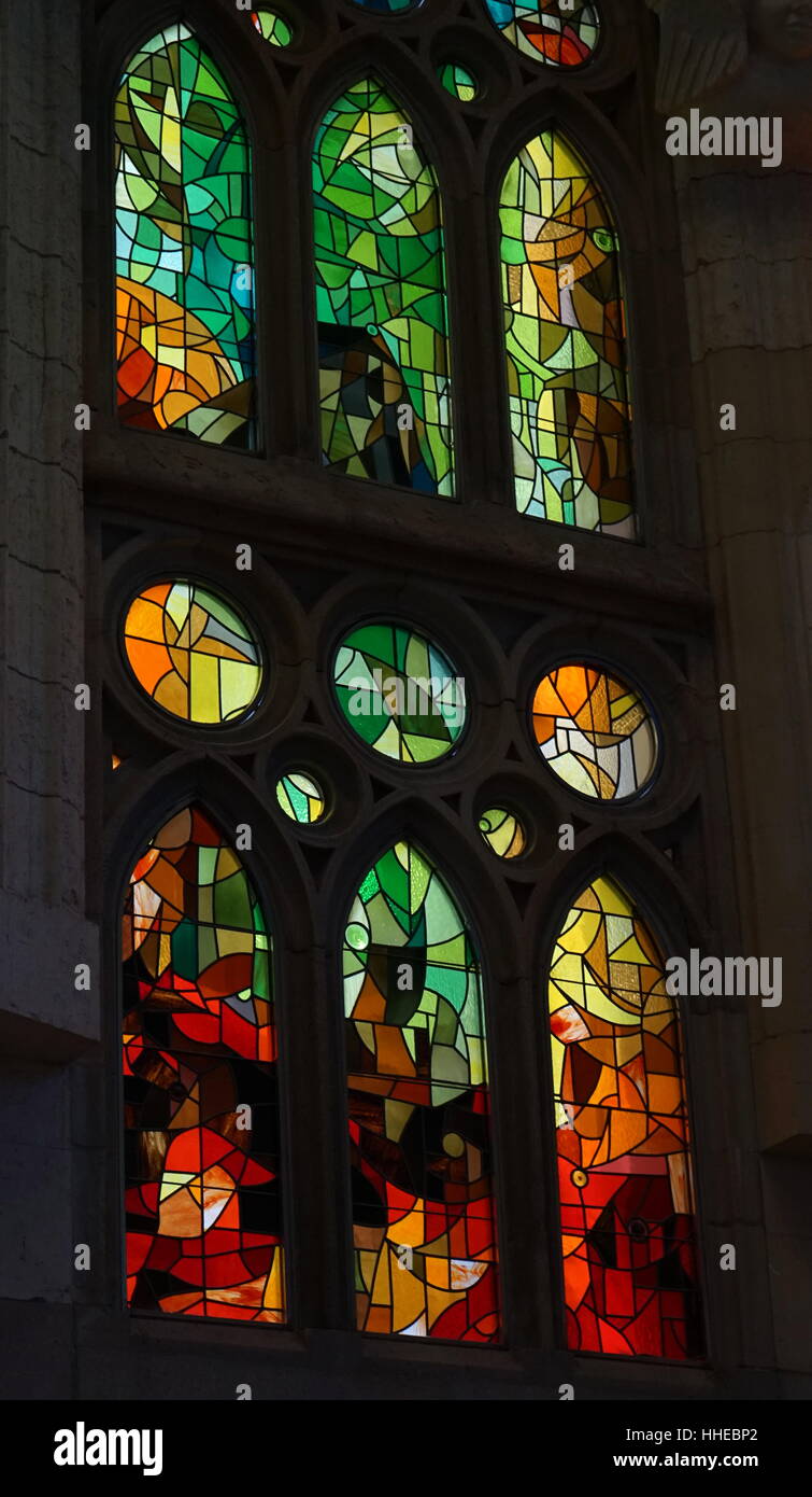 Stained glass windows inside the Sagrada Familia, Catholic church in ...