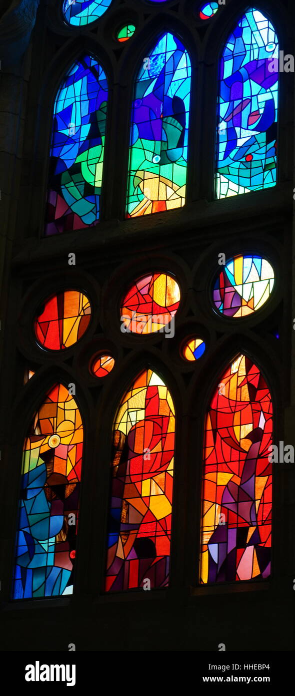 Stained glass windows inside the Sagrada Familia, Catholic church in ...