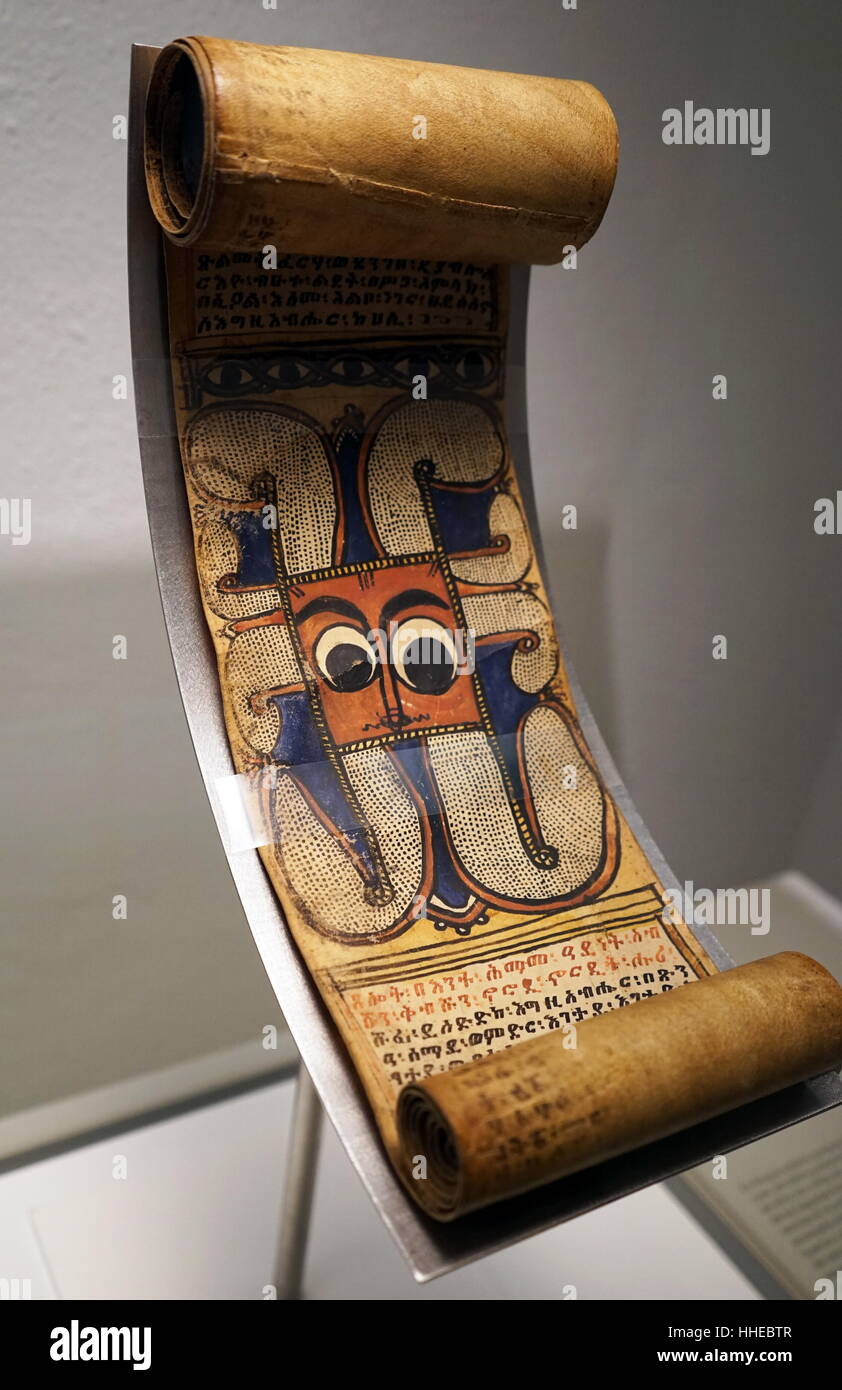Ethiopian Coptic scroll with magic incantations and representations ...