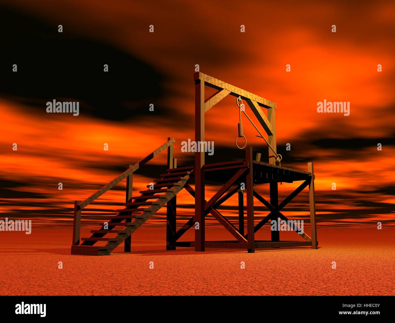 Medieval gallows made of wood by red cloudy night Stock Photo - Alamy