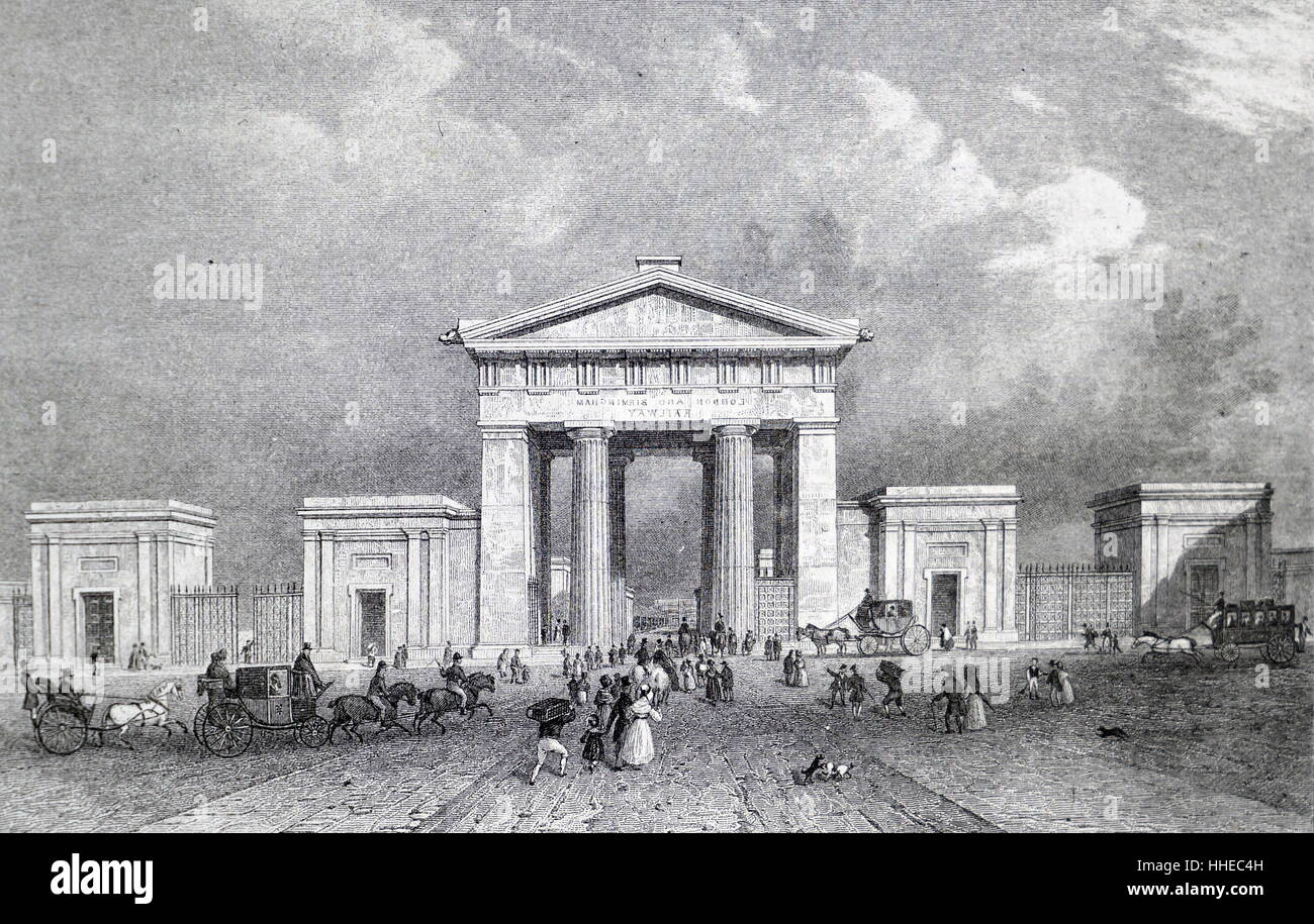 Euston Arch, the entrance to Euston Station, the London terminus of the ...