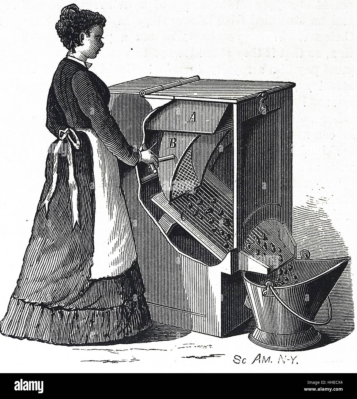 Maid using the Empire Dustless Ash Sifter, invented by J.E. Cummings ...