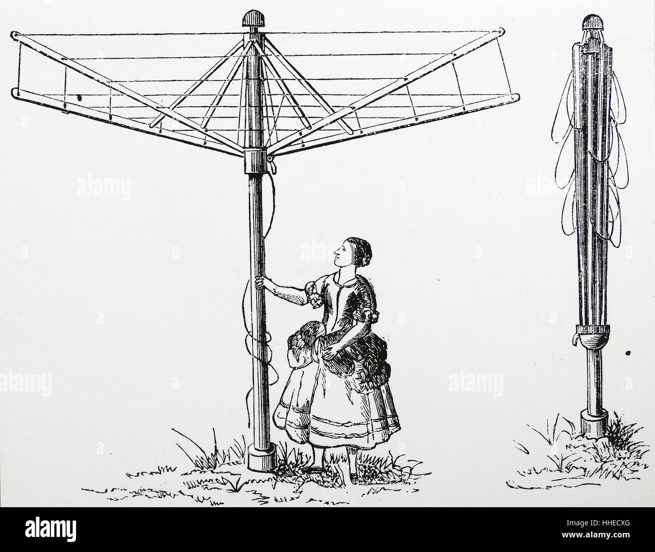 Servant prepares a rotating garden washing line 19th century, circa ...