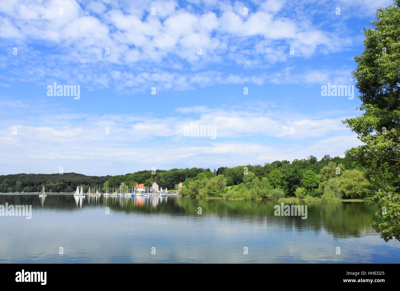 spring, artificial lake, May, sailing boat, sailboat, dam, blue, house ...