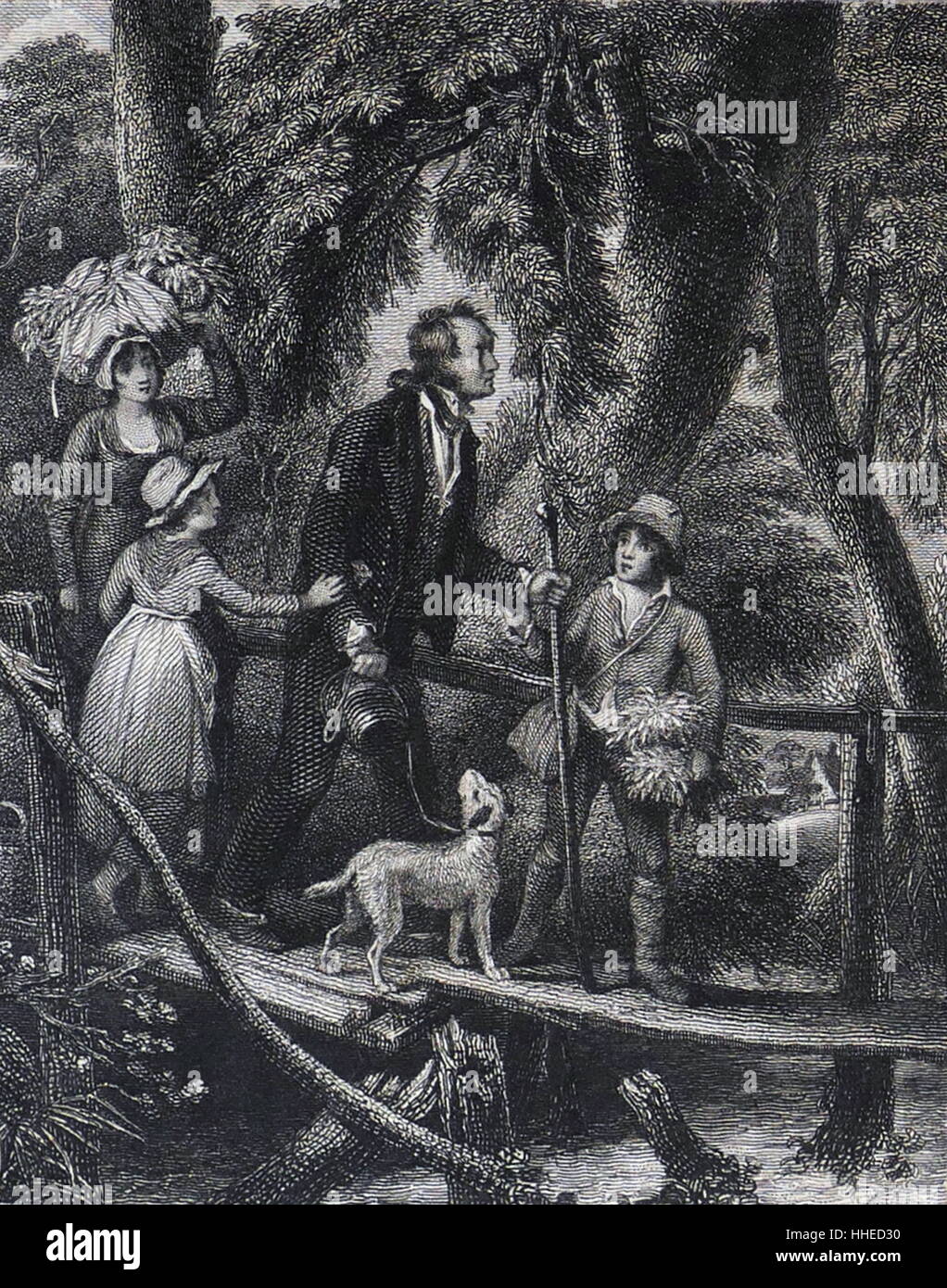 The Blind Sail or showing the sailor crossing a rustic bridge with his ...