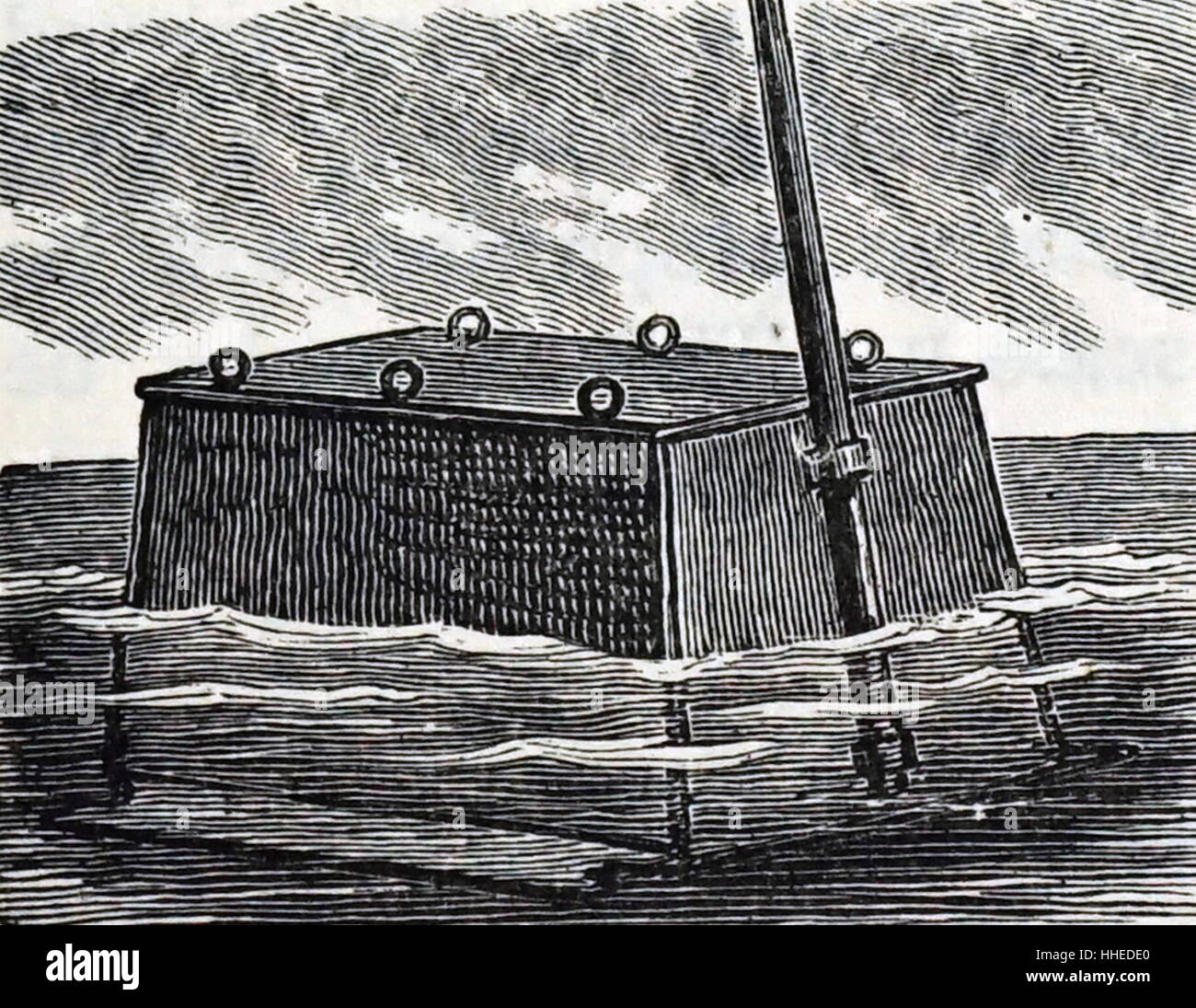 Engraving depicting a trunk, used to save lives at sea, which is made ...