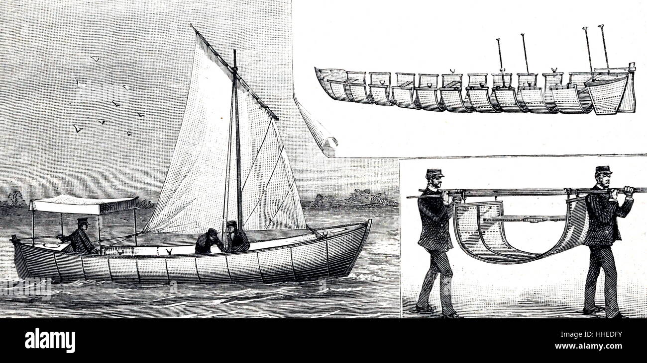 Stages in light boat building. A small craft assembled from sections ...