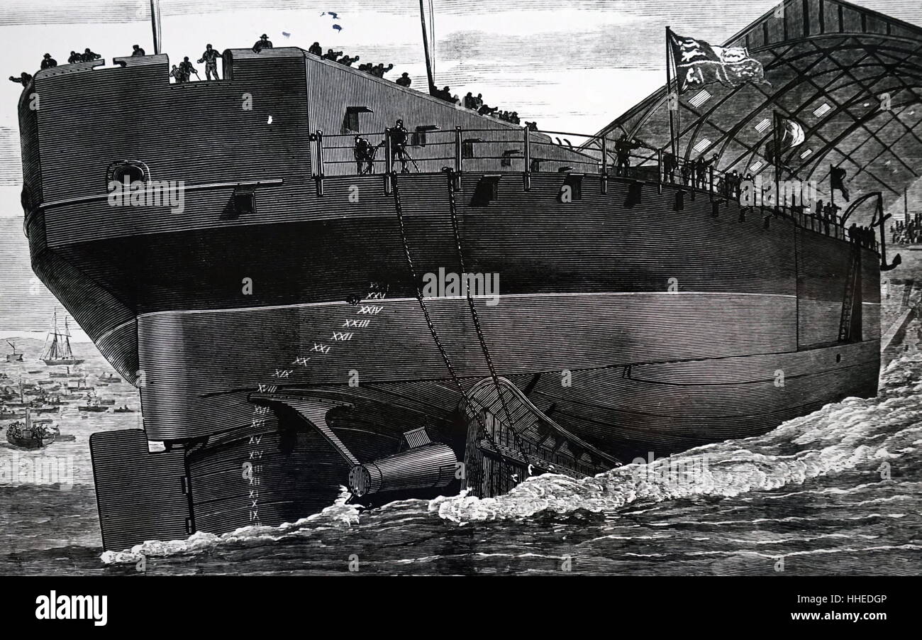 Illustration depicting the launch of 'H.M.S. Inflexible' the first ship ...