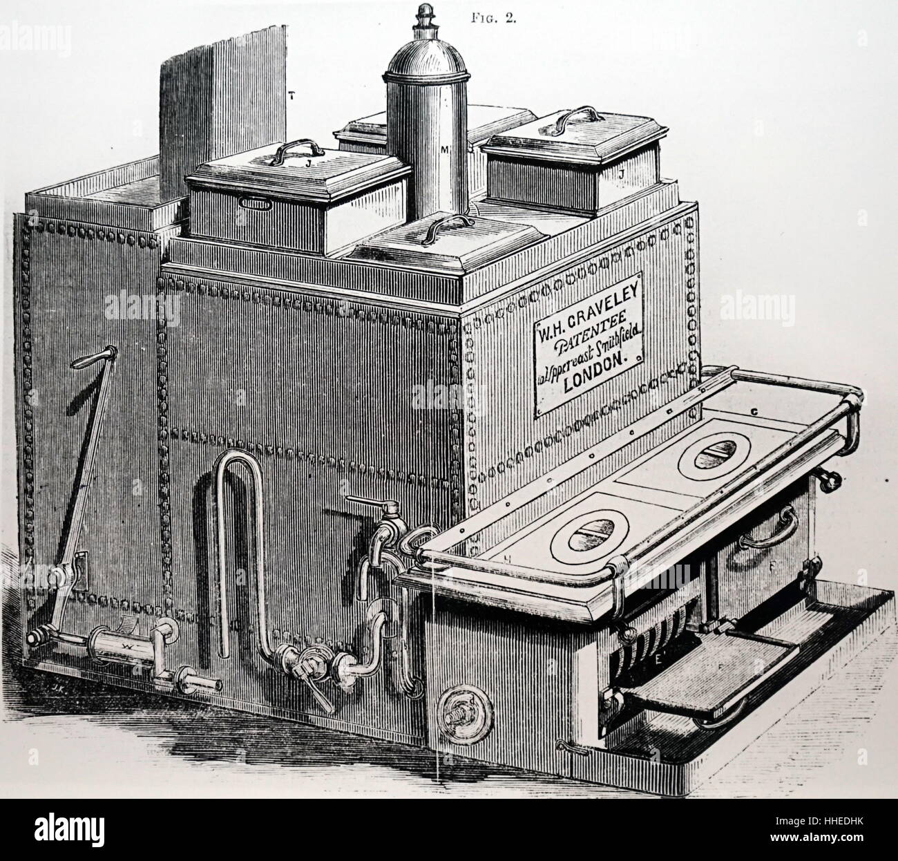 Illustration of a single boiler cooker and distiller for sea water ...