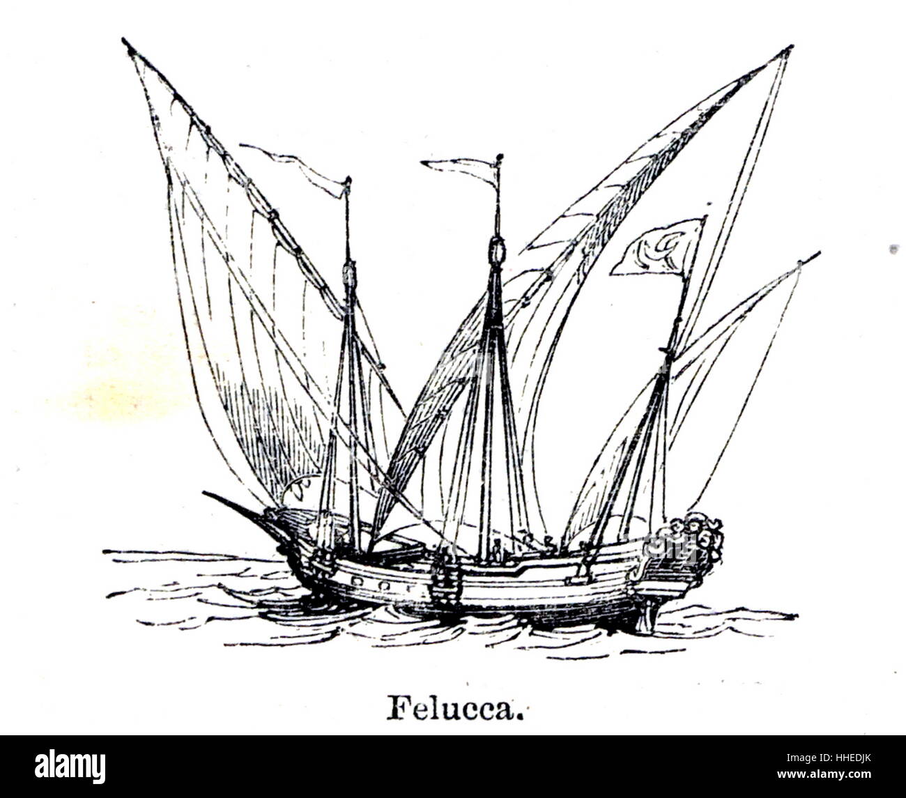 Engraving of a felucca, a small boat propelled by oars or lateen sails ...