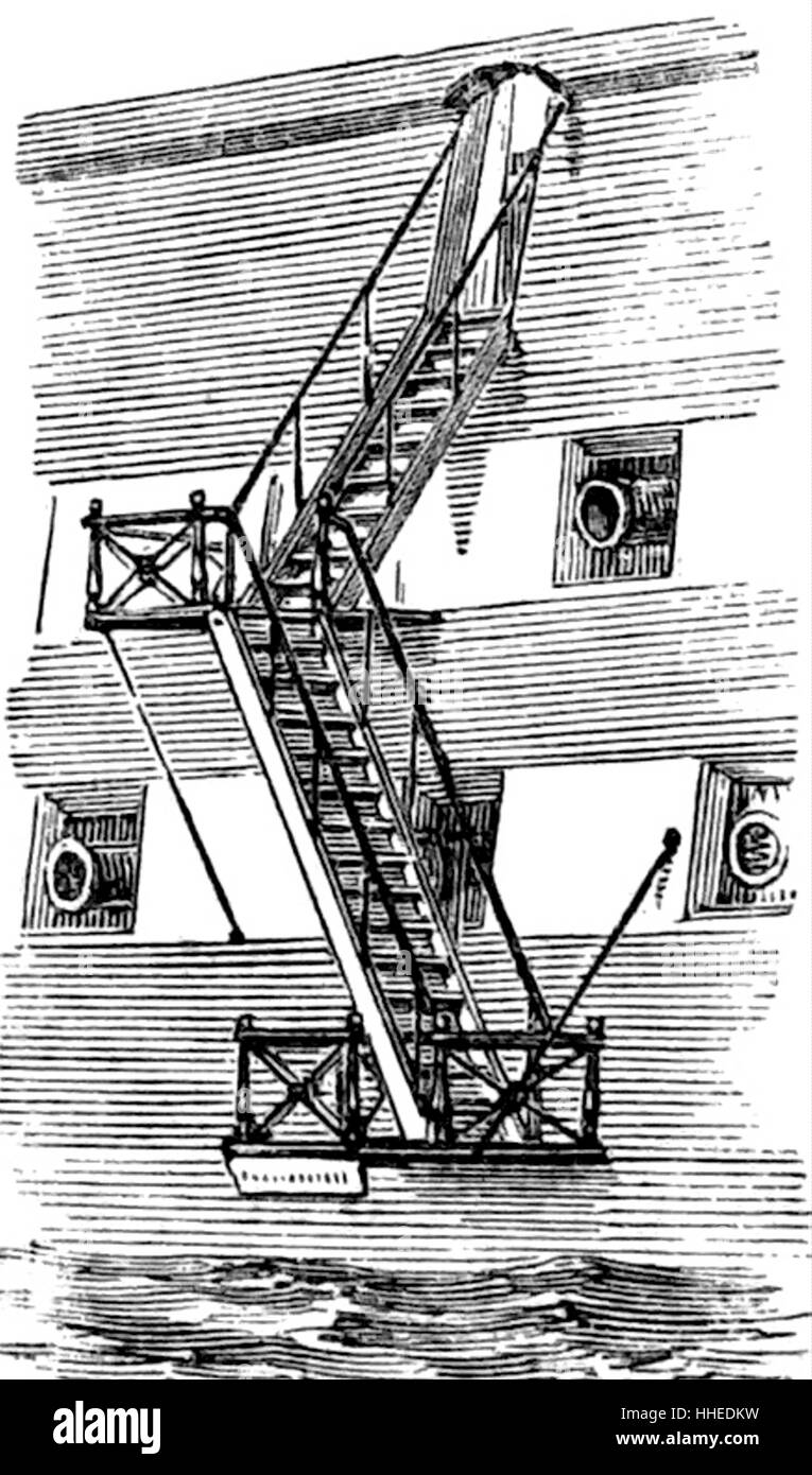 Engraving of an Accommodation Ladder, a portable flight of steps down a ...