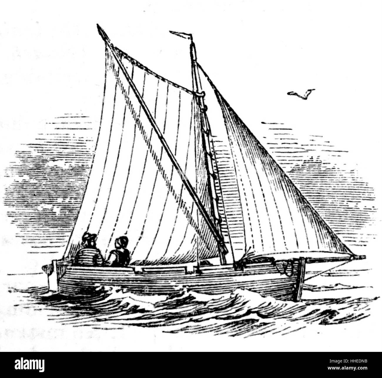 Engraving of a Spritsail rigged boat. The spritsail is a form of three ...